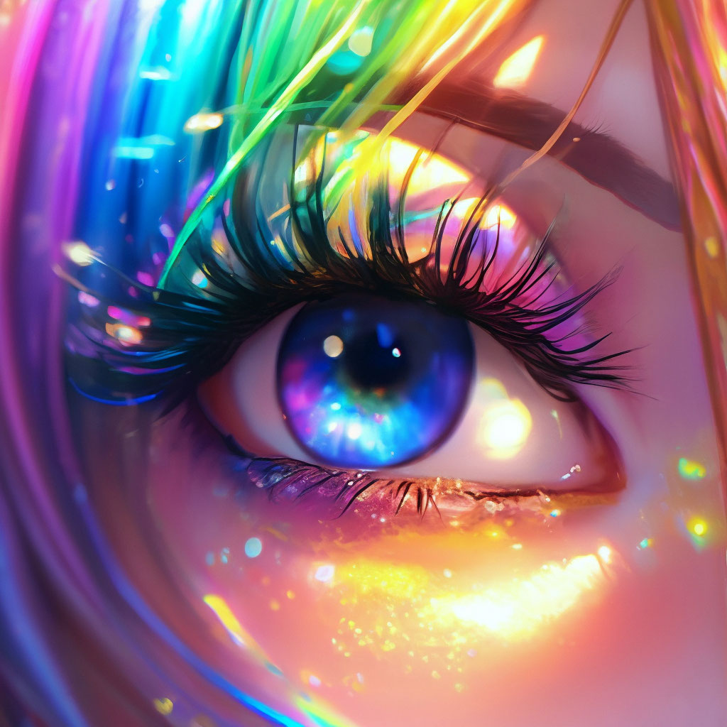 "Rainbow girl with big rainbow eyes, rainbow hair, with very long and ...