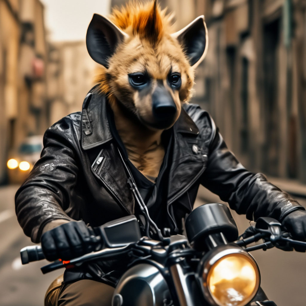 "Hyena with a mohawk on a motorcycle and in a leather jacket" — image ...