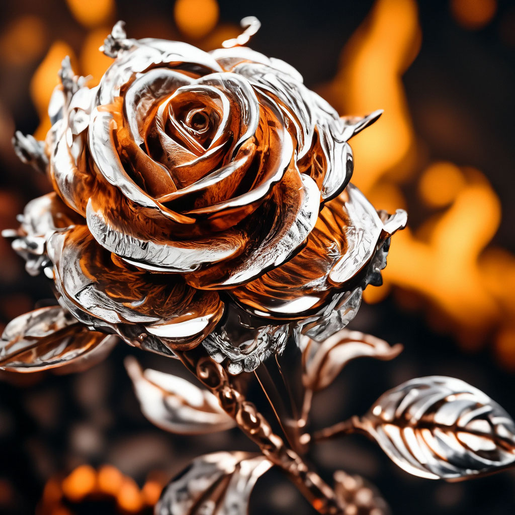 "Ultra-realistic,openwork flaming forged rose made of copper and white ...