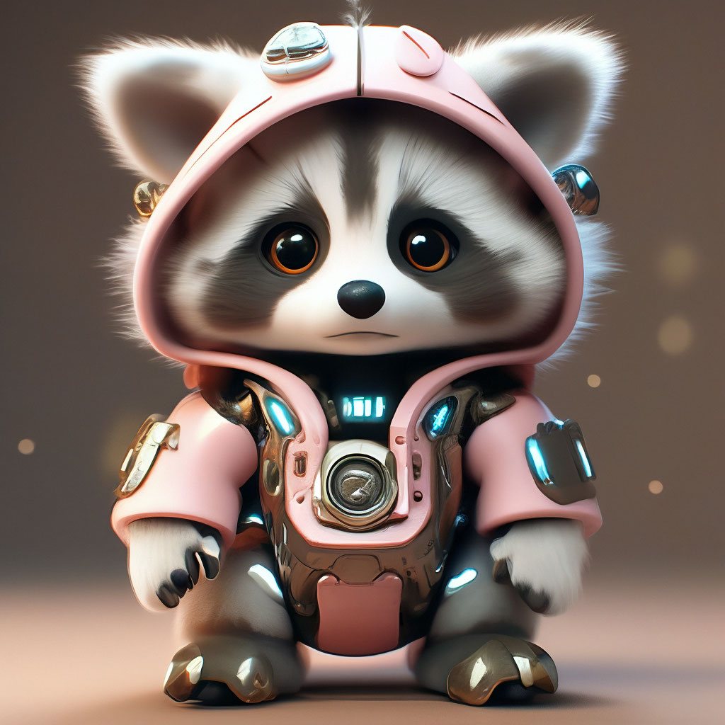 "Cute robot raccoon, fluffy with mechanical detail detailing ...