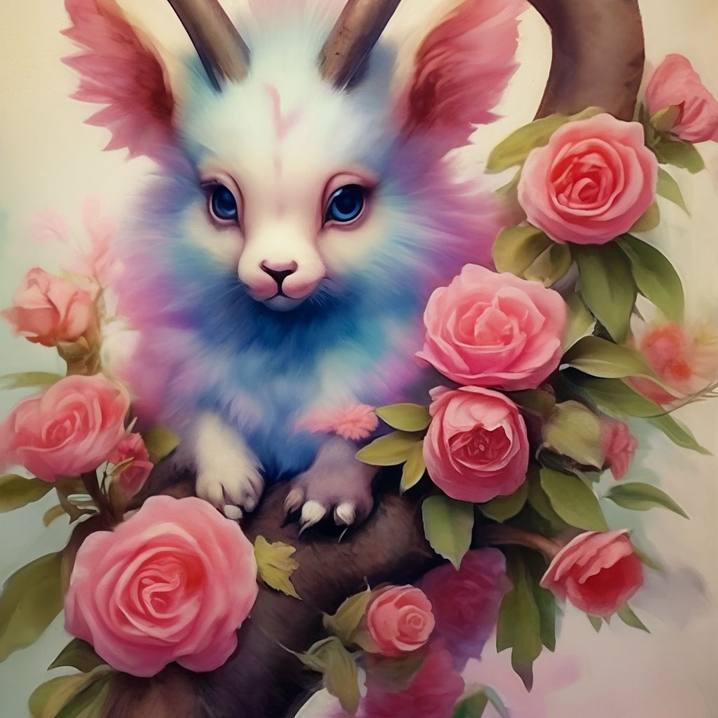 "Vintage, hyperrealism, a very cute little fluffy mythical chimera ...