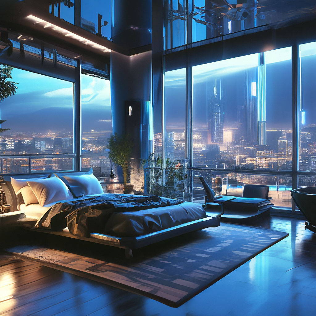 "Spacious cyberpunk bedroom in black and blue tones, large window, view ...