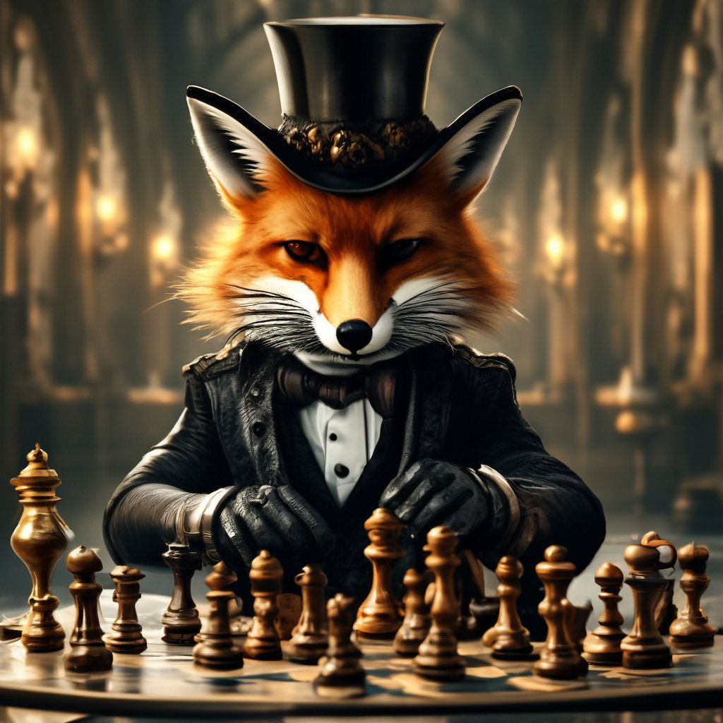 "Fantastic plot: a beautiful fox in a top hat plays chess in a large ...