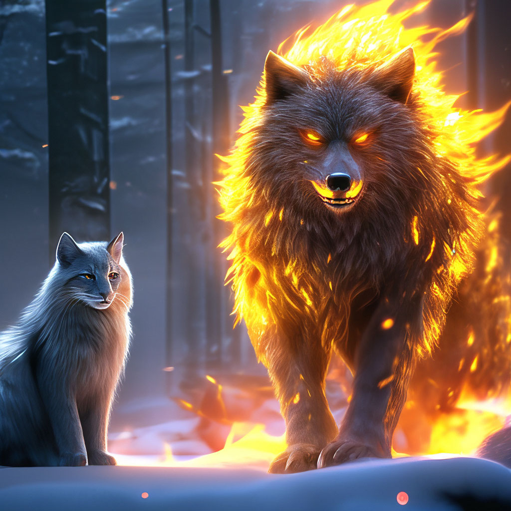 "The wolf of fire stands next to the cat of cold, full body, general ...