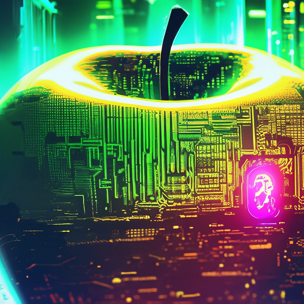 "Hyperrealistic apple in cyberpunk style, triple exposure, colors ...