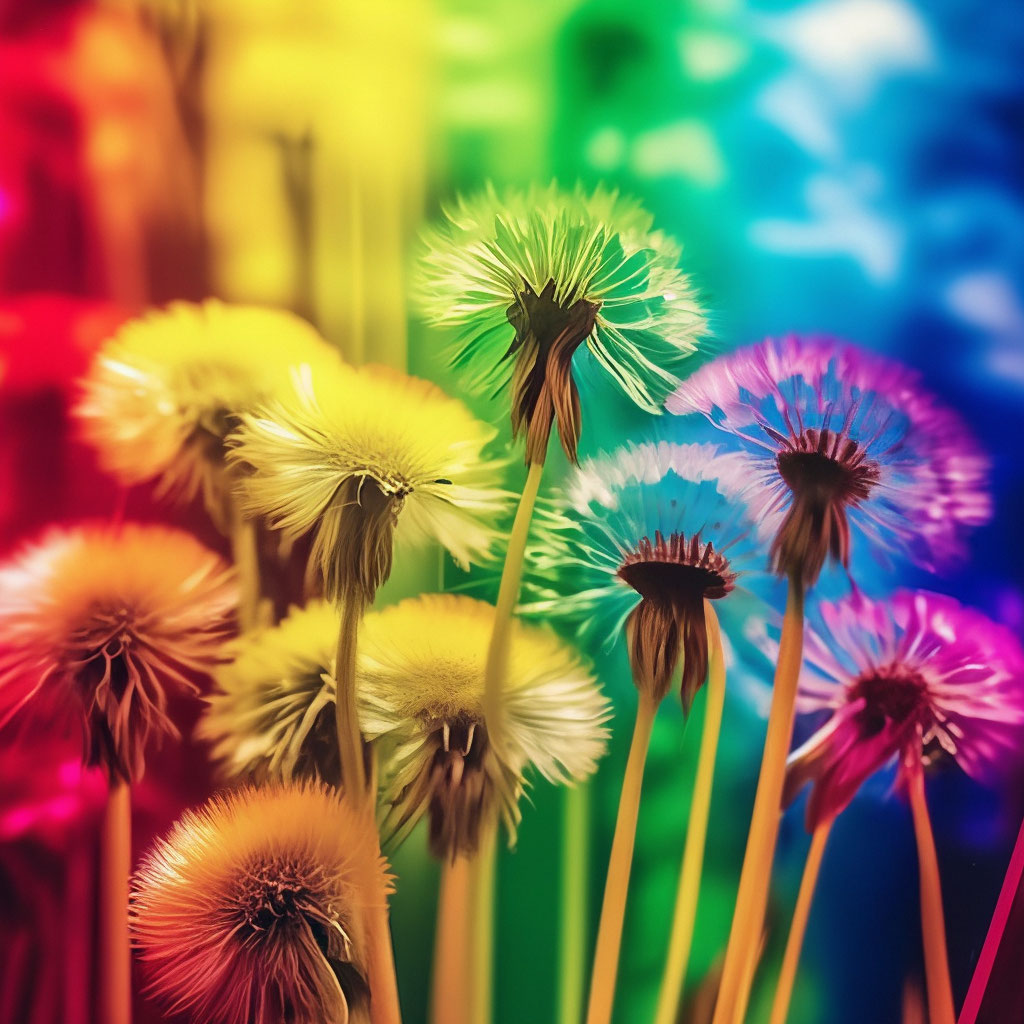 "Dandelions of different colors of the rainbow , multicolored, rainbow ...