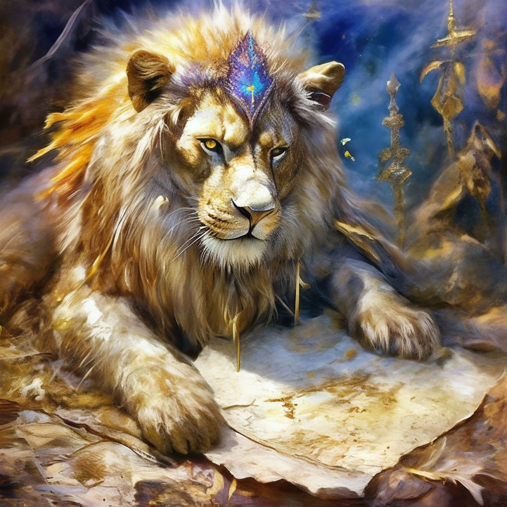 "Ancient tattered spell parchment, fantastic creatures, feathered lion ...