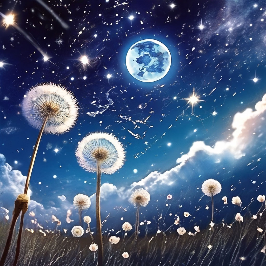 "🌲 star-studded night sky, full moon,dandelion moon, high quality ...