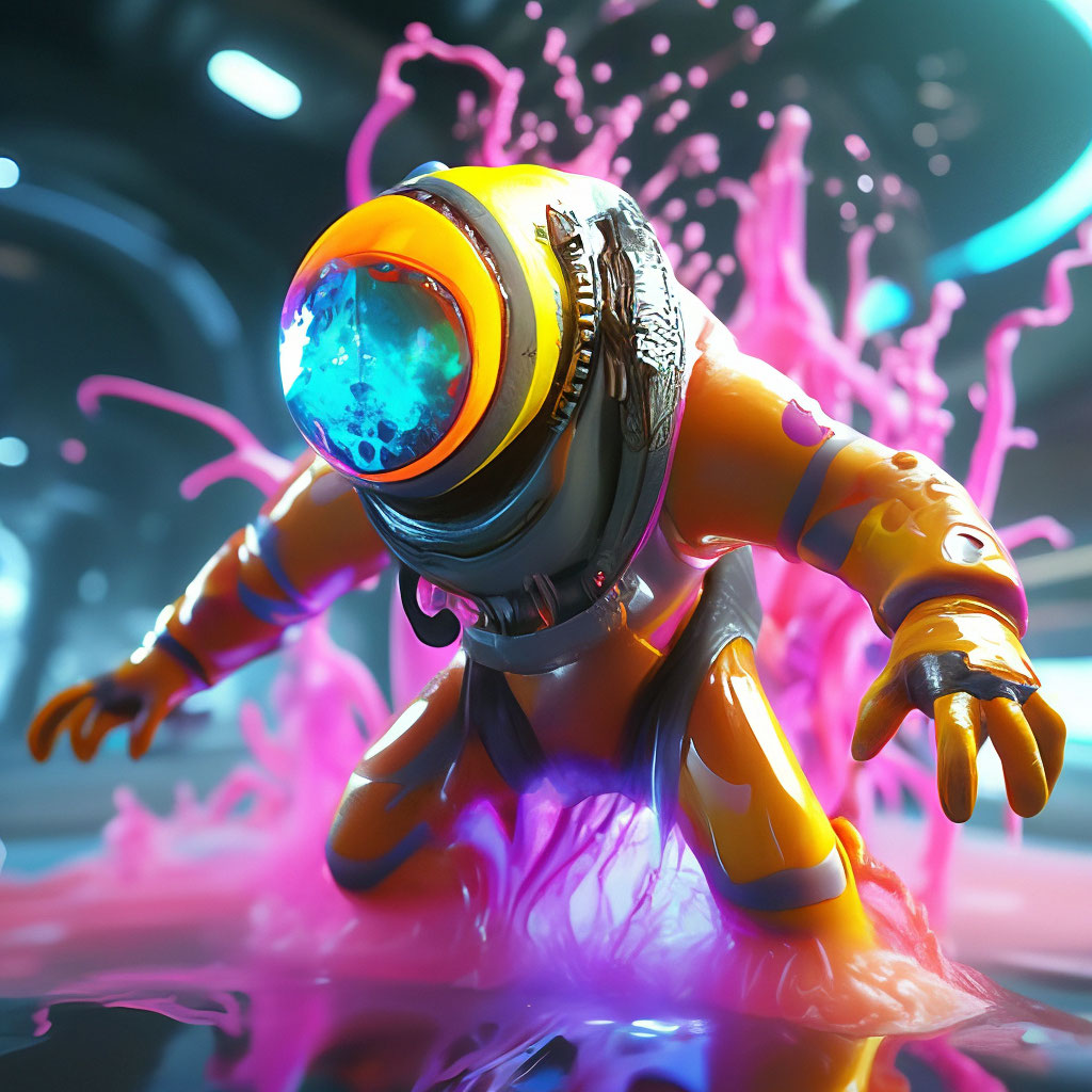 "A living multicolored blob with eyes, turned into a diver in a ...