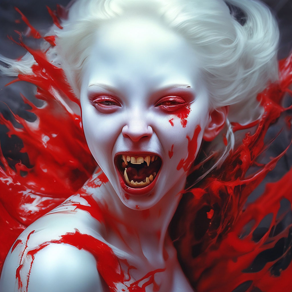 "Albino girl, fangs, red eyes, red splashes on the face and body, fear ...