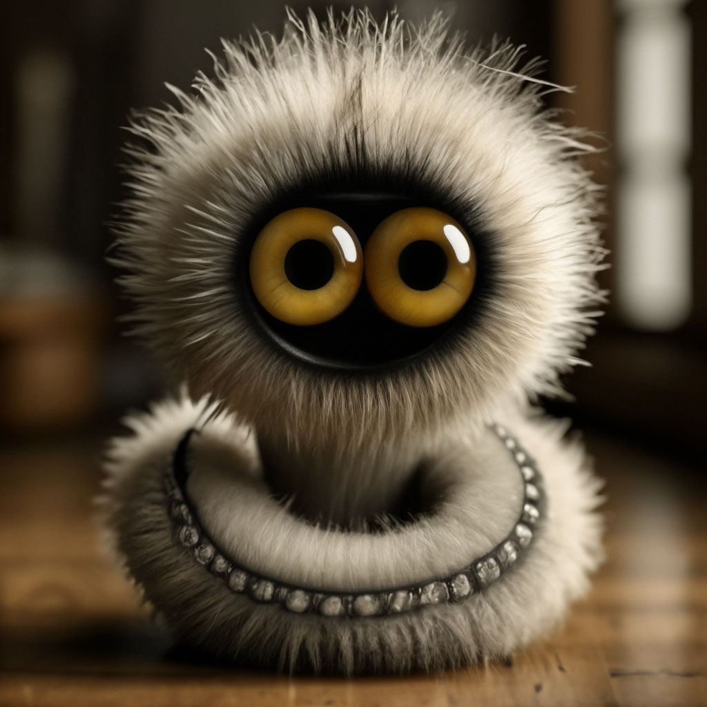 "Creep fluffy funny bug-eyed worm, sitting, detailed expressive eyes ...