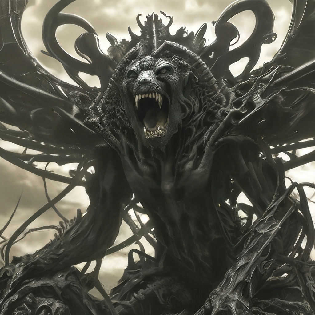 "Horror-black-art, sphinx in ambush, open mouth, interweaving of ...