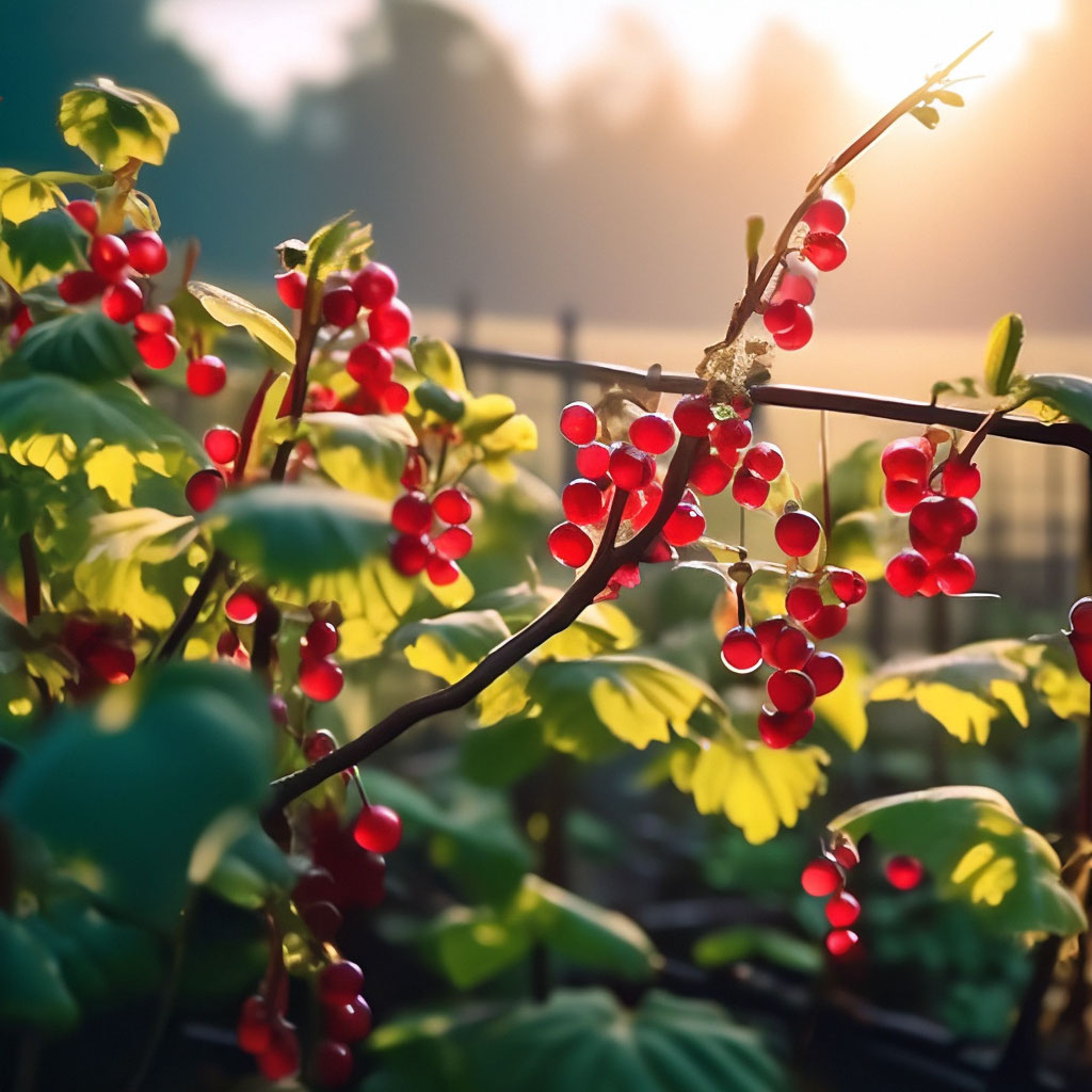 "Professional photo, close-up of red currant bushes growing, fields of ...