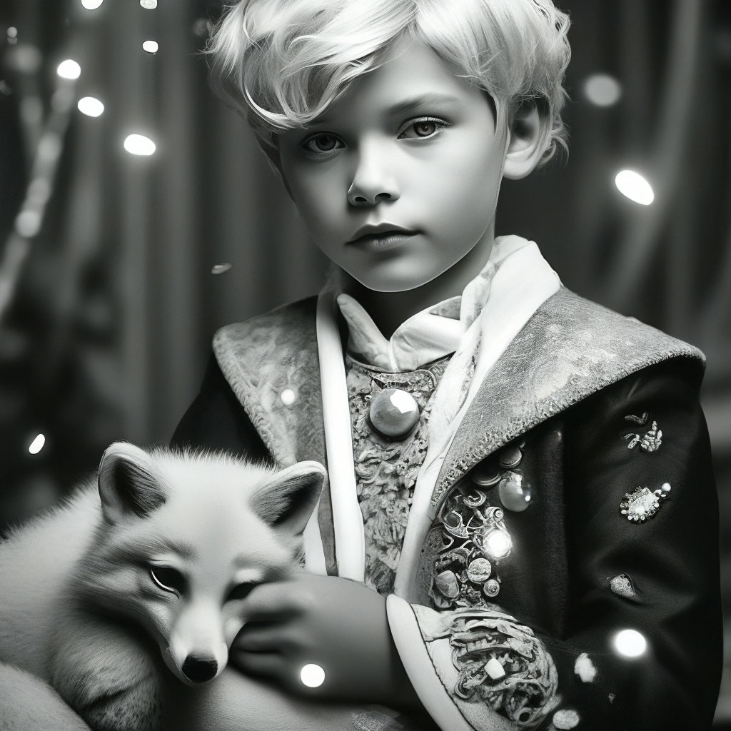 "Little prince, blonde hair, blue eyes, with a fox and a rose in his ...