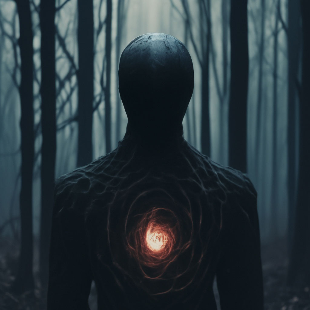 "A man without a face with an eye in his chest wanders through a dark forest" — image created in ...