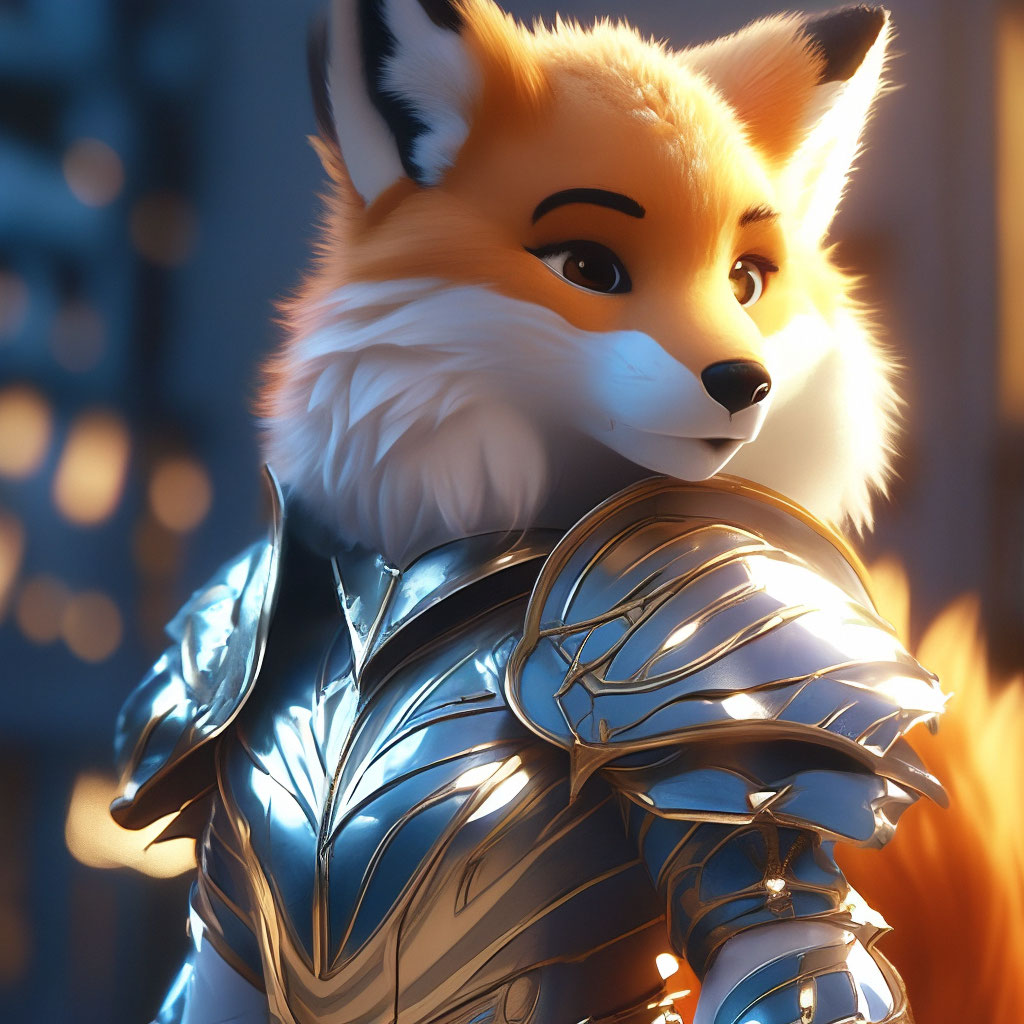 "Anthropomorphic fox furry in shiny armor full-length body fluffy tail ...