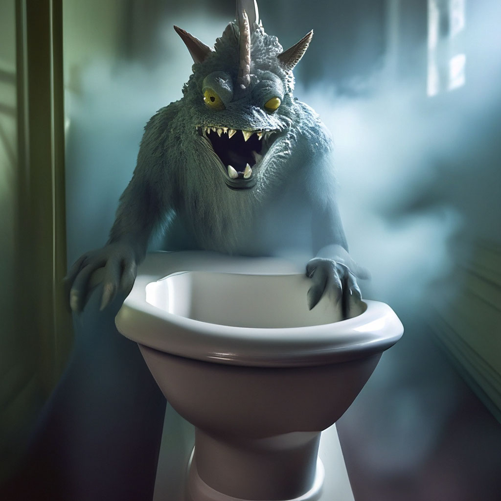 "The monster gets out of the toilet realistically" — image created in ...