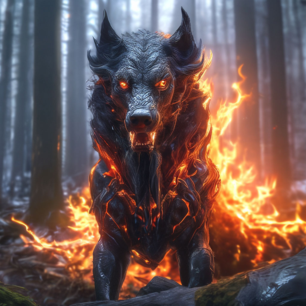 "Hyperrealism, frightening fiery, consisting of fire spectacular ...