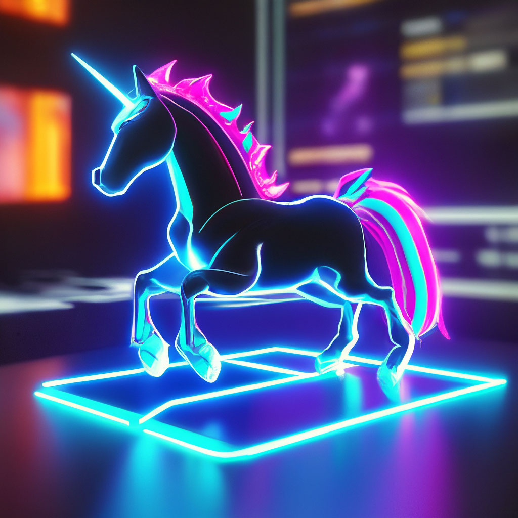 ""Craft a logo depicting a neon-lit unicorn, reflecting Lenovo SSG's ...