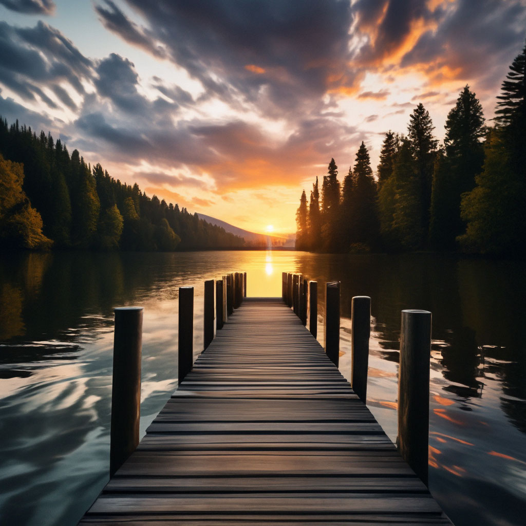 "Sunset lake pier forest" — image created in Shedevrum