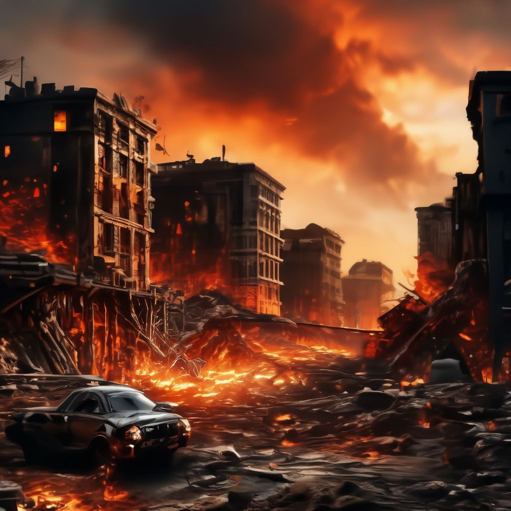 "Destroyed city, burning earth, destroyed buildings, night sky, burning ...