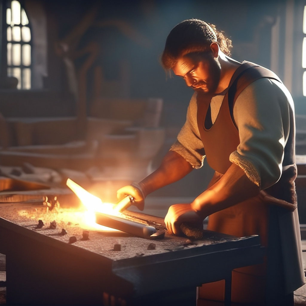 "Blacksmith at work, medieval, aesthetically pleasing, beautiful, 4k ...