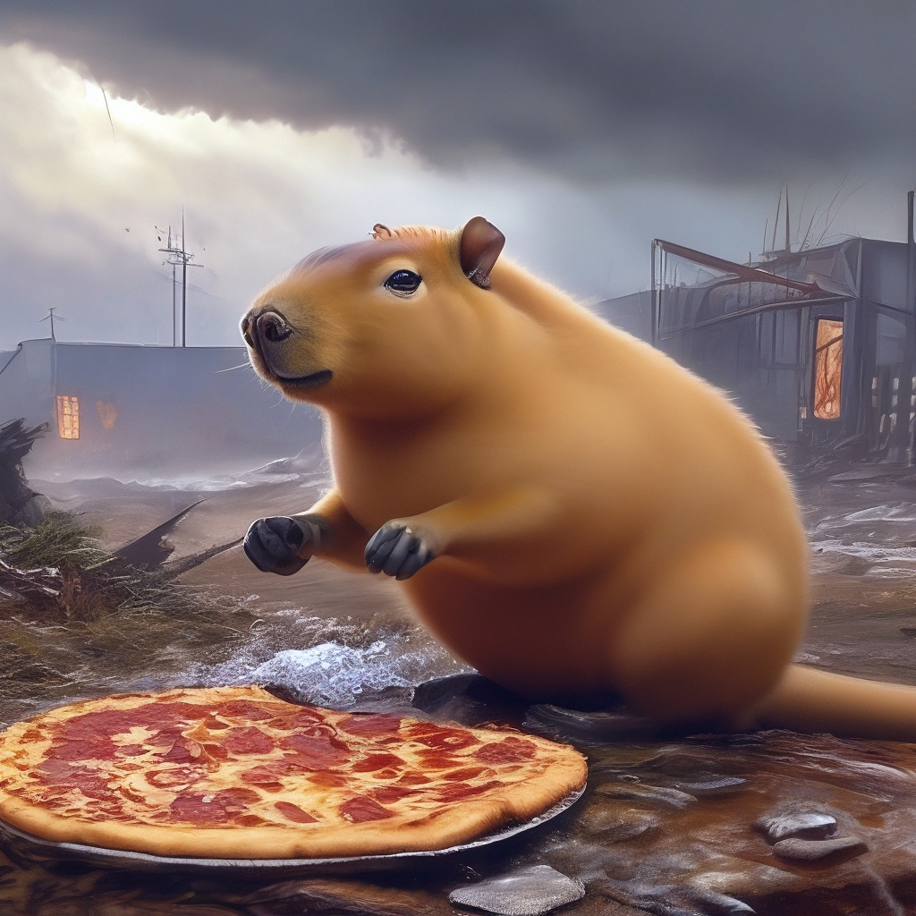 "Capybara eats pizza" — image created in Shedevrum