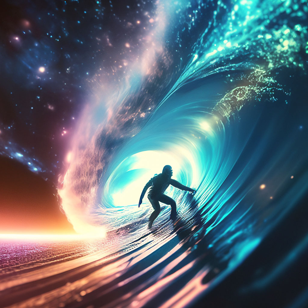 "Space surfer inside the luminescent galactic wave+magic dust, glow ...
