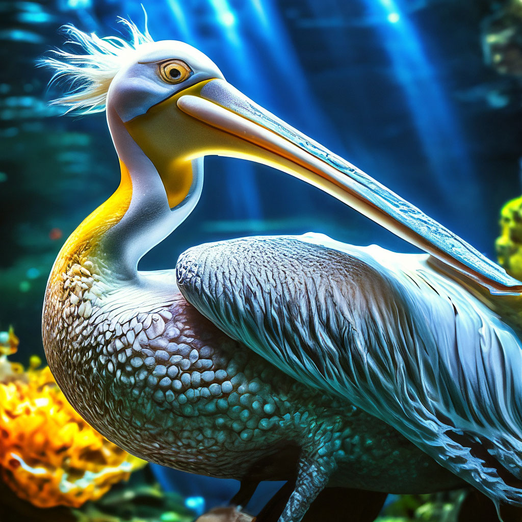"A pelican with an aquarium beak. the aquarium is a large beak bag ...