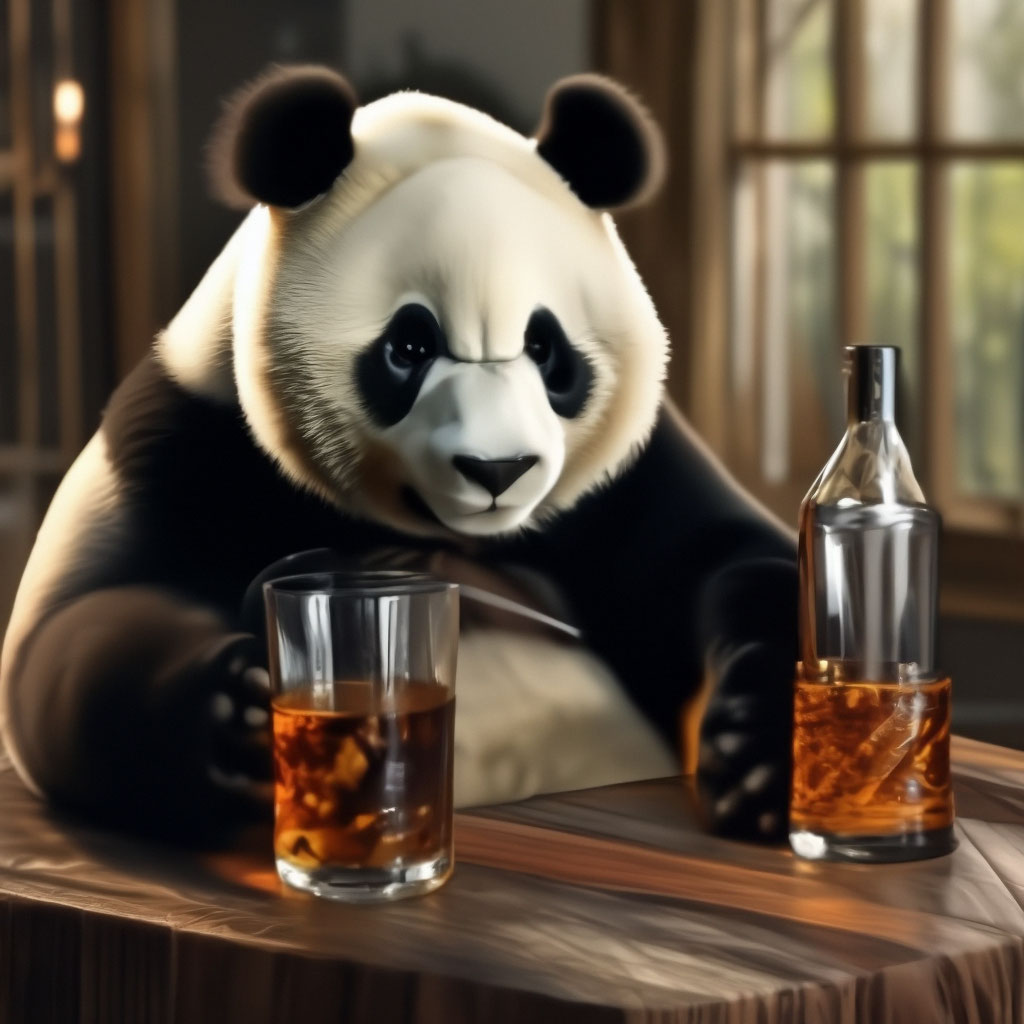 "Panda at the table with a bottle of whiskey" — image created in Shedevrum