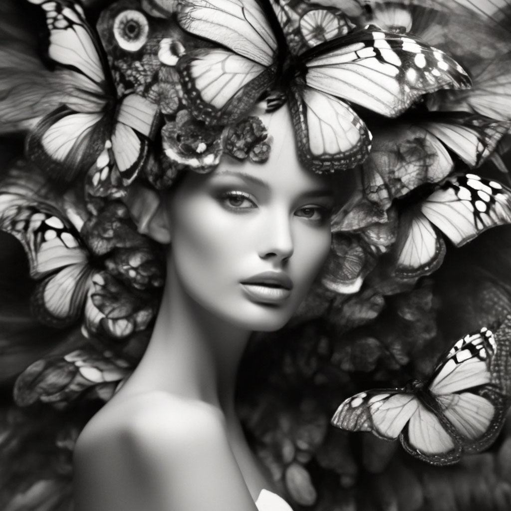 "Fashion magazine cover, B / W kaleidoscope, very pretty face, dull ...