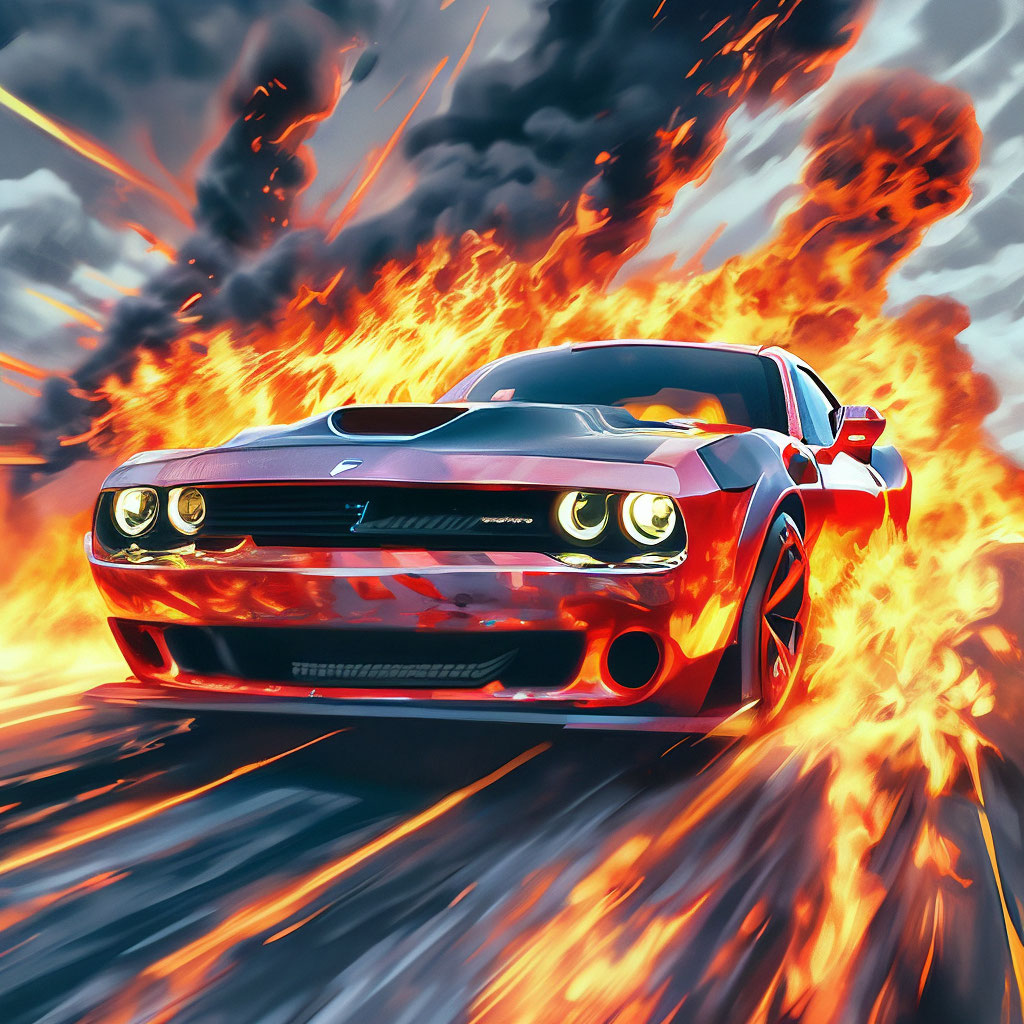 "Dodge Challenger Hellcat rides on a fiery highway,explosions,fire ...