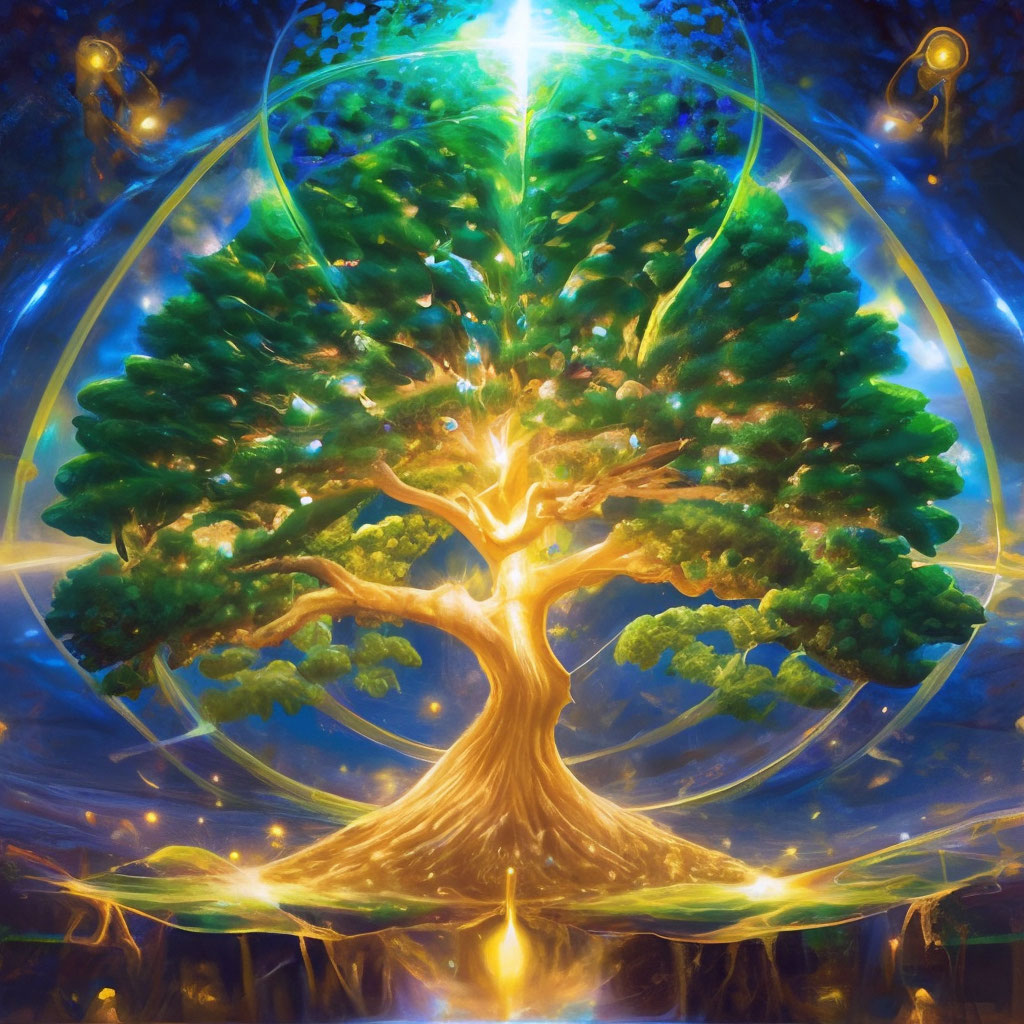 "The tree of life, with golden roots, leaves shining like emeralds ...