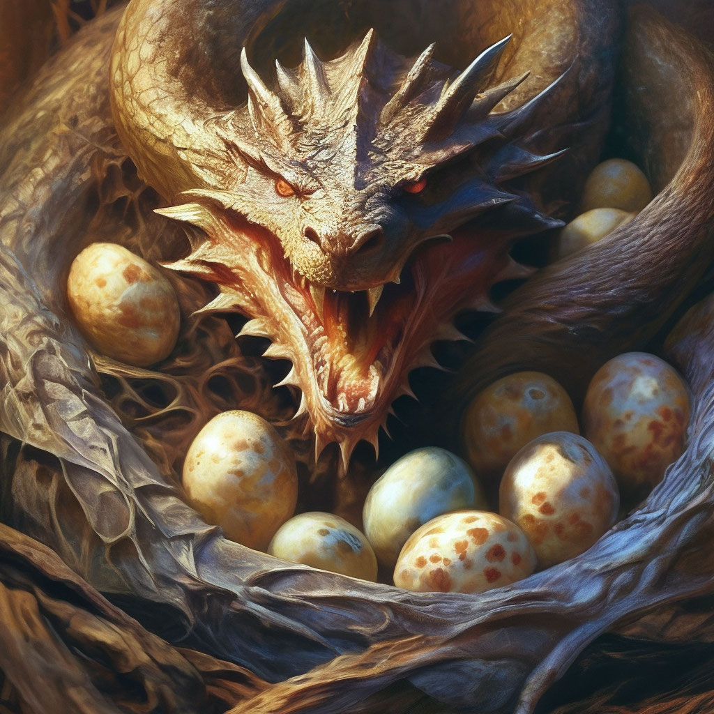 "Smaug in a nest with eggs, dragon eggs in scales" — image created in ...