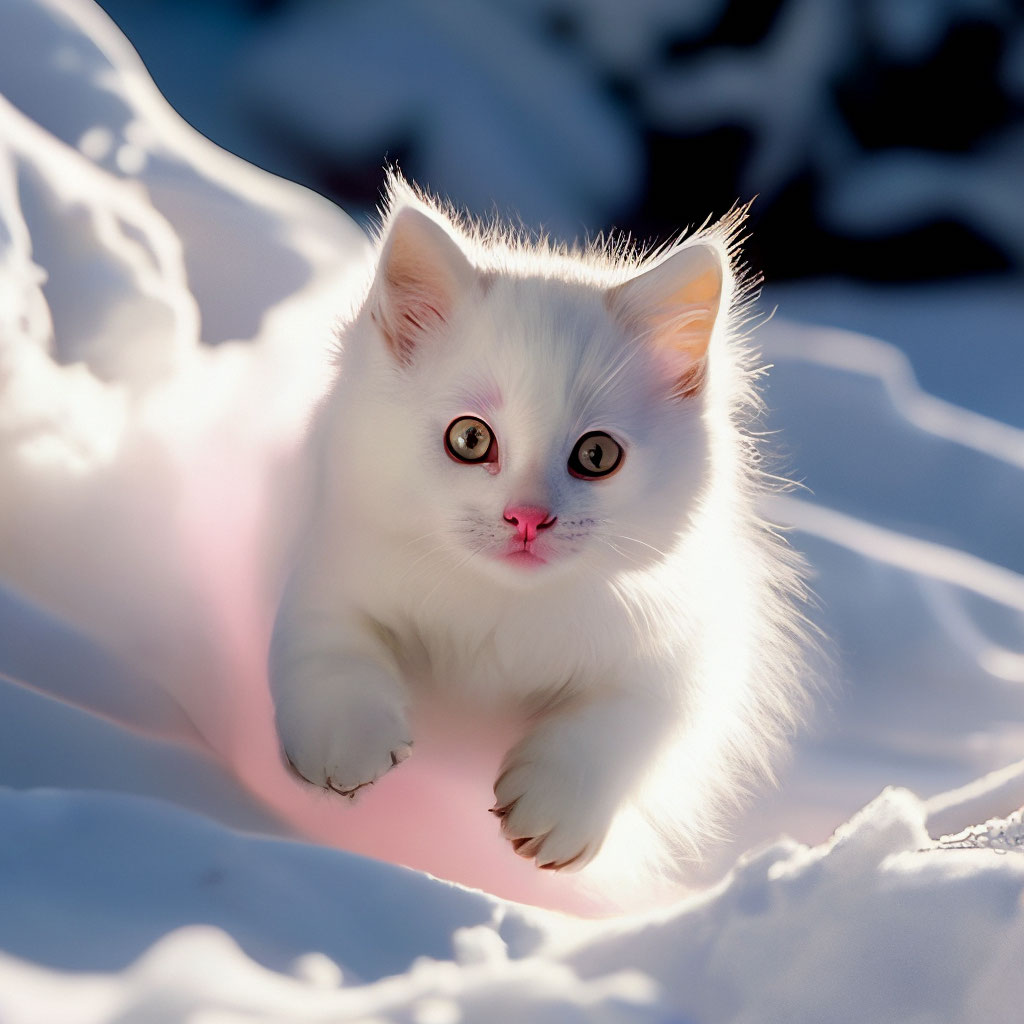 "A cute fluffy, snow-white kitten, with a pink nose, runs through a ...