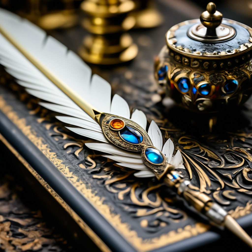 "Delicate antique goose quill for writing inlaid with precious stones ...