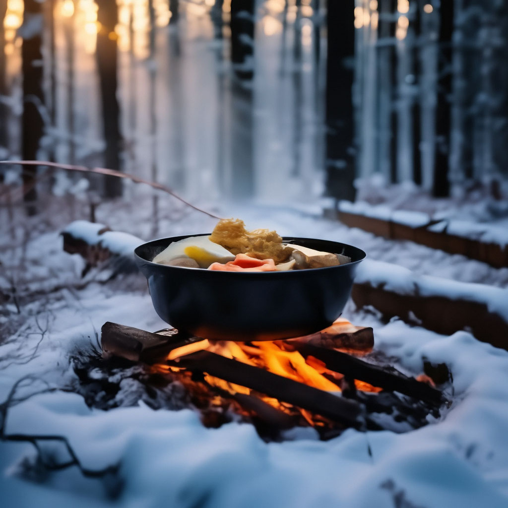 "Morning in the snow-covered forest, breakfast is being prepared on a ...