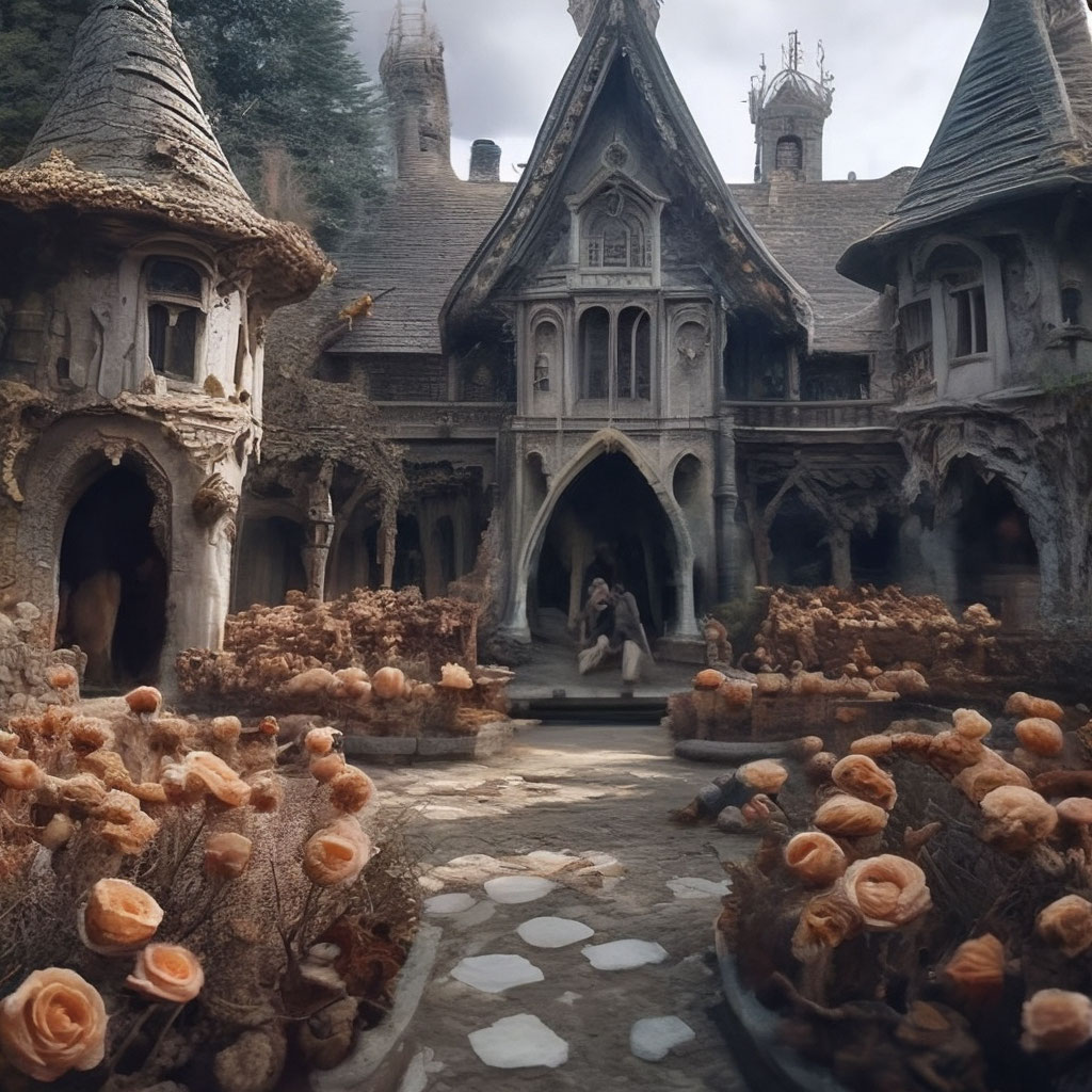 "Surrealism, grotesque,witch's house, courtyard of dried flowers, dry ...