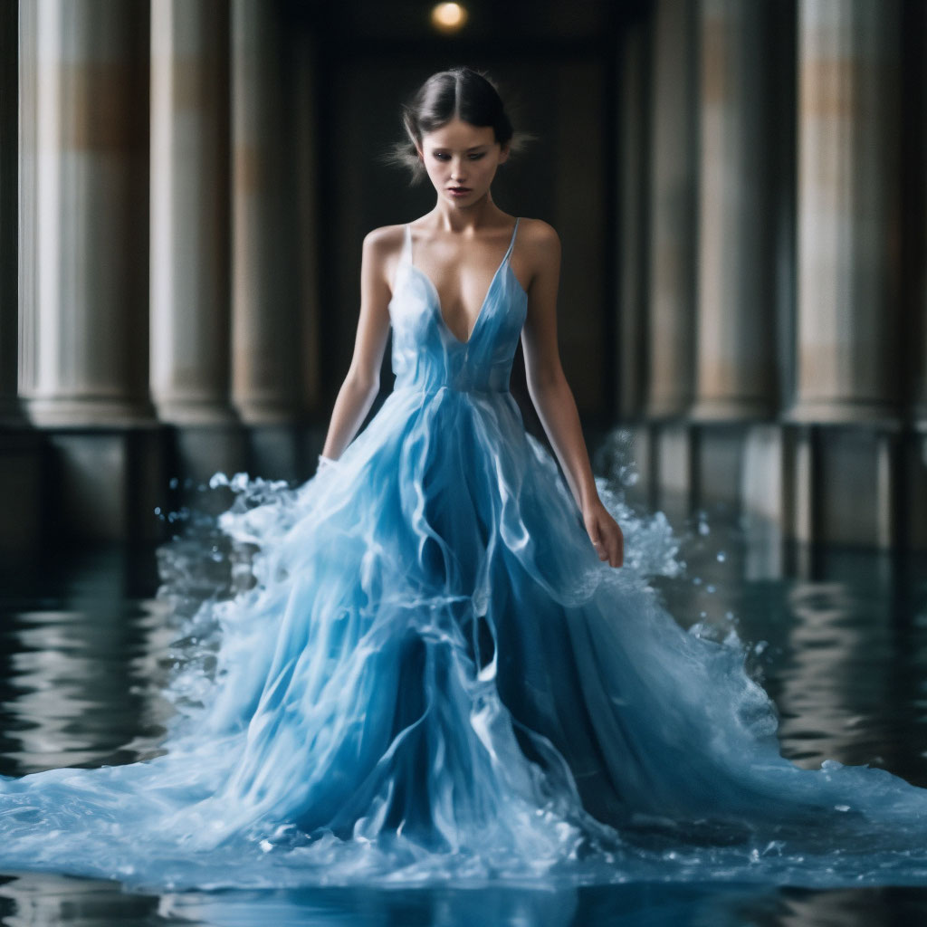 "High fashion catwalk water dress. the model depicts water. the image ...