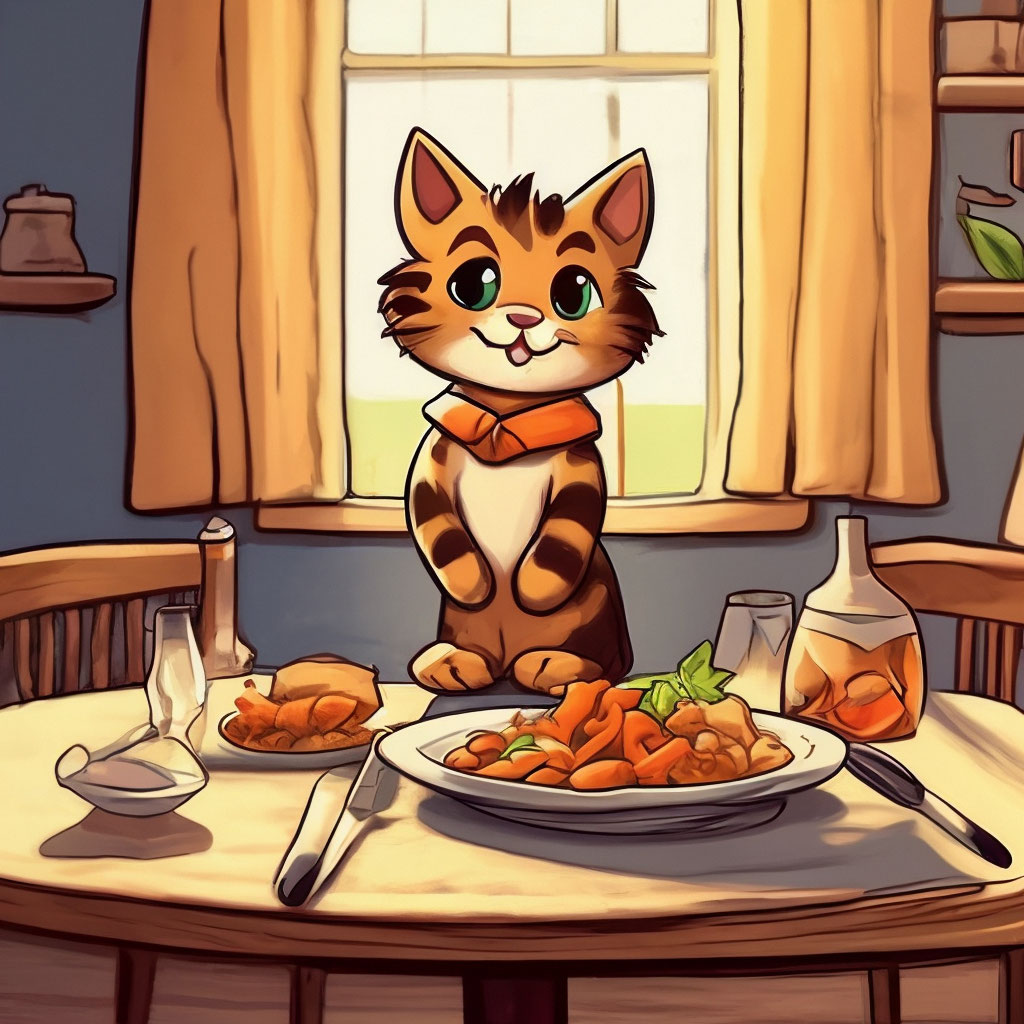 "Drawing cartoon cat climbed on the table with food" — image created in ...