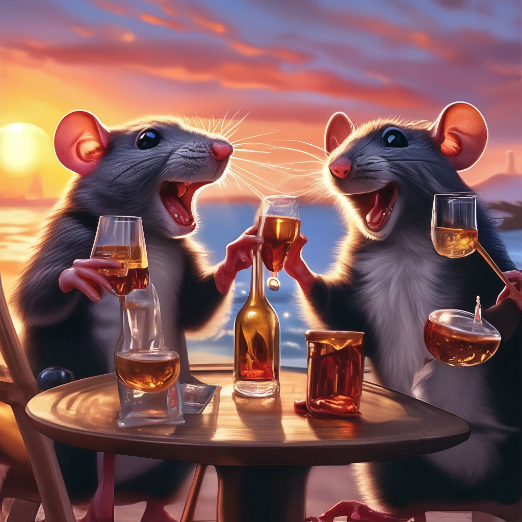 "Sea, crimson sunset, close-up of two black drunken rats sitting in ...