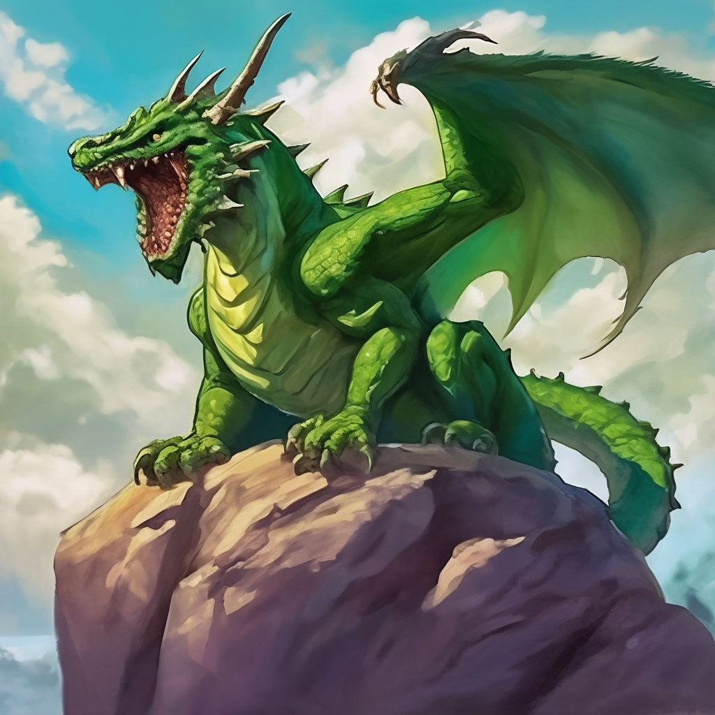 "A big green dragon that sits on a rock and still roars into the net ...