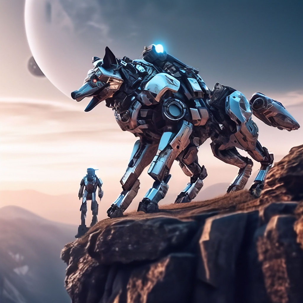 "Wolf robot cyborg with gears jumps over a cliff and the moon on the ...