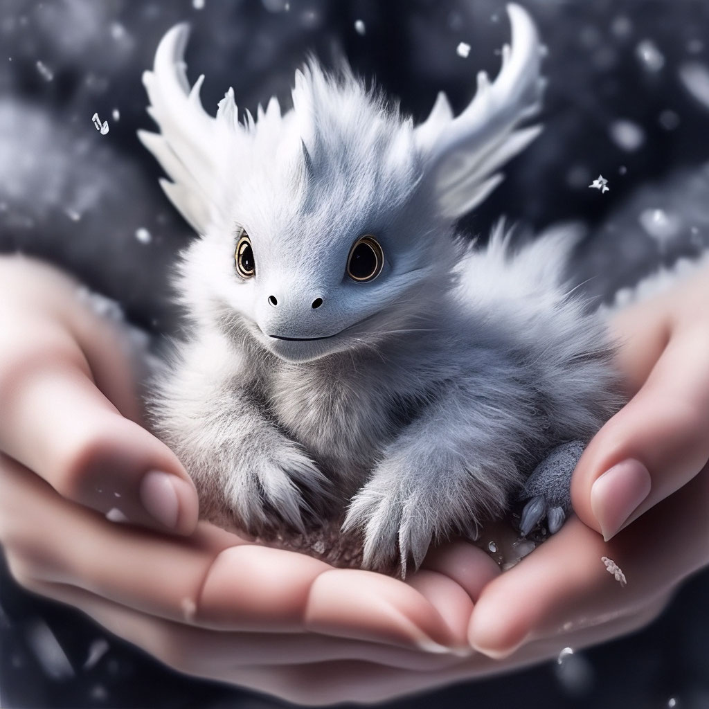 "Tiny fluffy, winter dragon in the palm of your hand, very cute ...