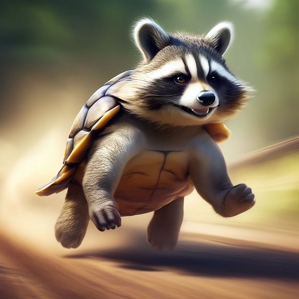 "Raccoon and turtle hybrid, symbiosis, funny caricature, running, speed ...