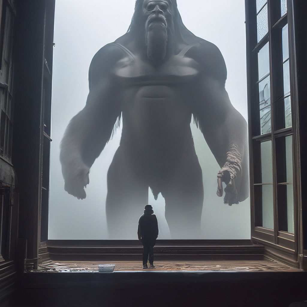 "A colossal giant looks in the window, high detail and elaboration ...