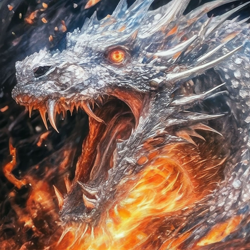 "The crystal fire-breathing dragon is torn into microparticles, flame ...