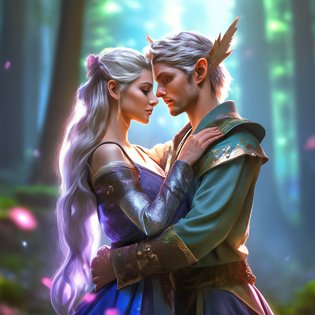 "A very beautiful elf couple, a guy and a girl in each other's arms ...