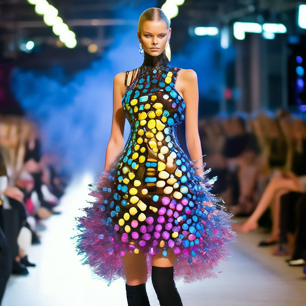 "Fashion show, on the catwalk a girl in a dress made of atoms and ...