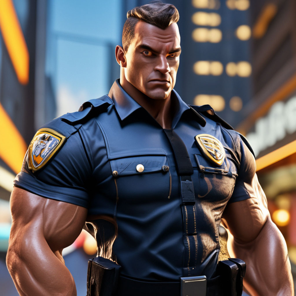 "A comic book-style bodybuilder cop" — image created in Shedevrum